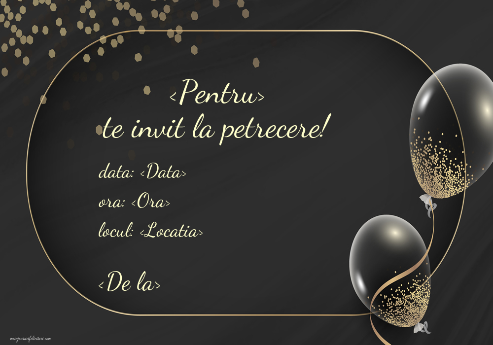 Invitație la petrecere gold simplă cu baloane | Personalizare invitatii ...