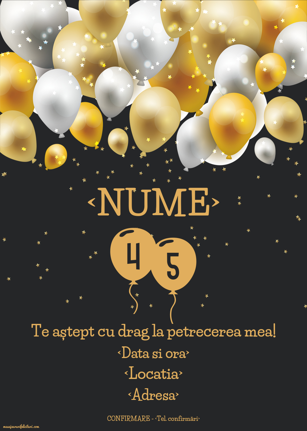 Invitatie aniversare 45 ani model Gold Party | Personalizare invitatii ...