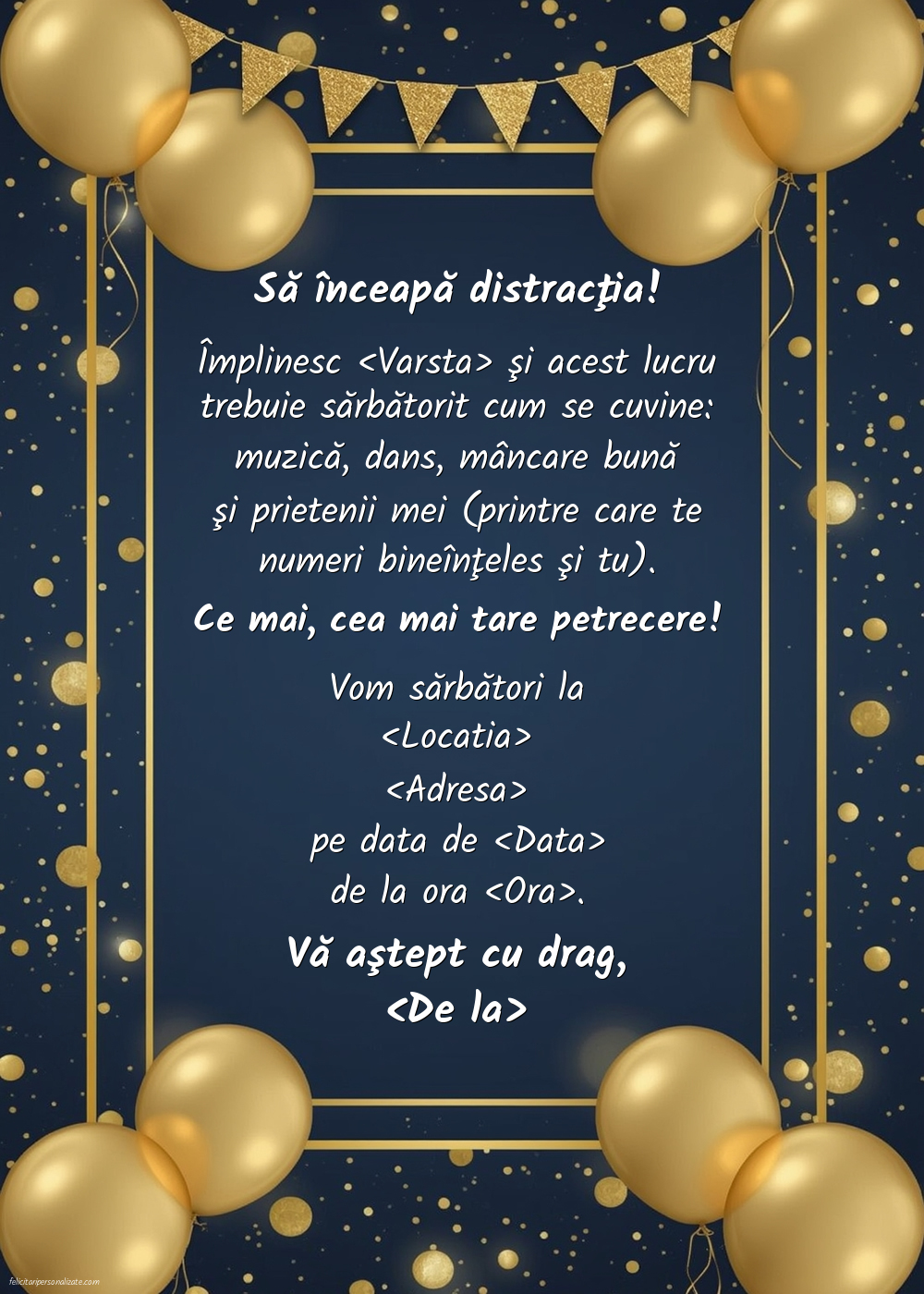 Invitație electronică model elegant cu baloane aurii | Personalizare ...