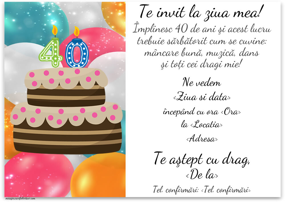 Aniversare 40 ani: Invitație simplă cu baloane și tort | Personalizare ...