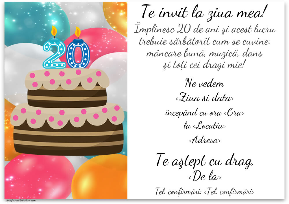 Aniversare 20 ani: Invitație simplă cu baloane și tort | Personalizare ...