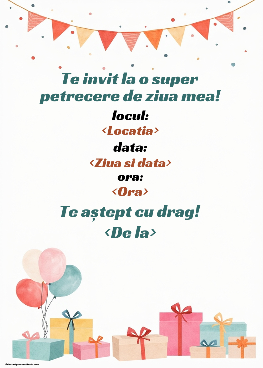 Invitație verticală cu baloane și cadouri: Te invit la o super ...