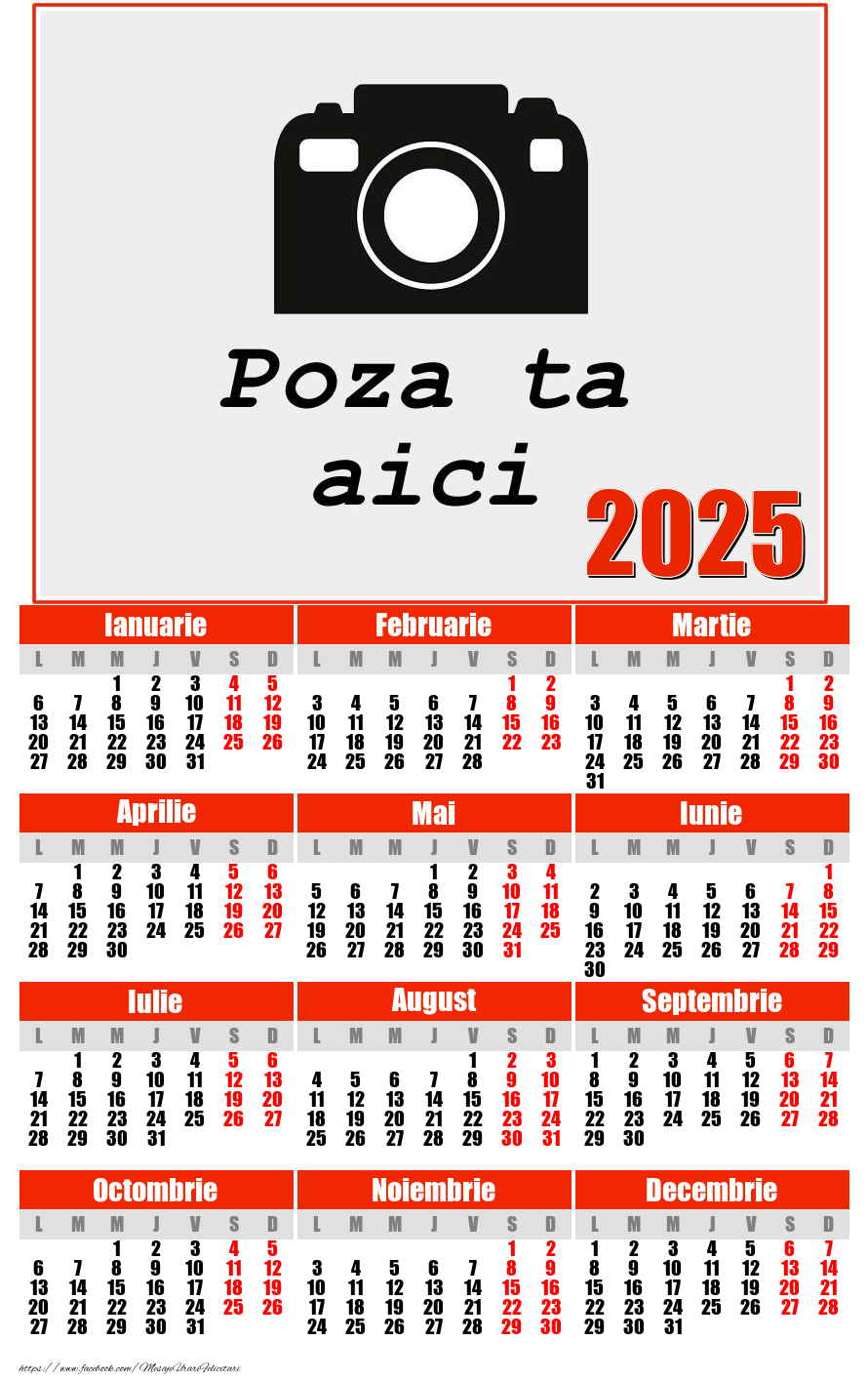 Calendar 2025 cu poza ta - Rosu - Model 0033 | Personalizare calendare ...