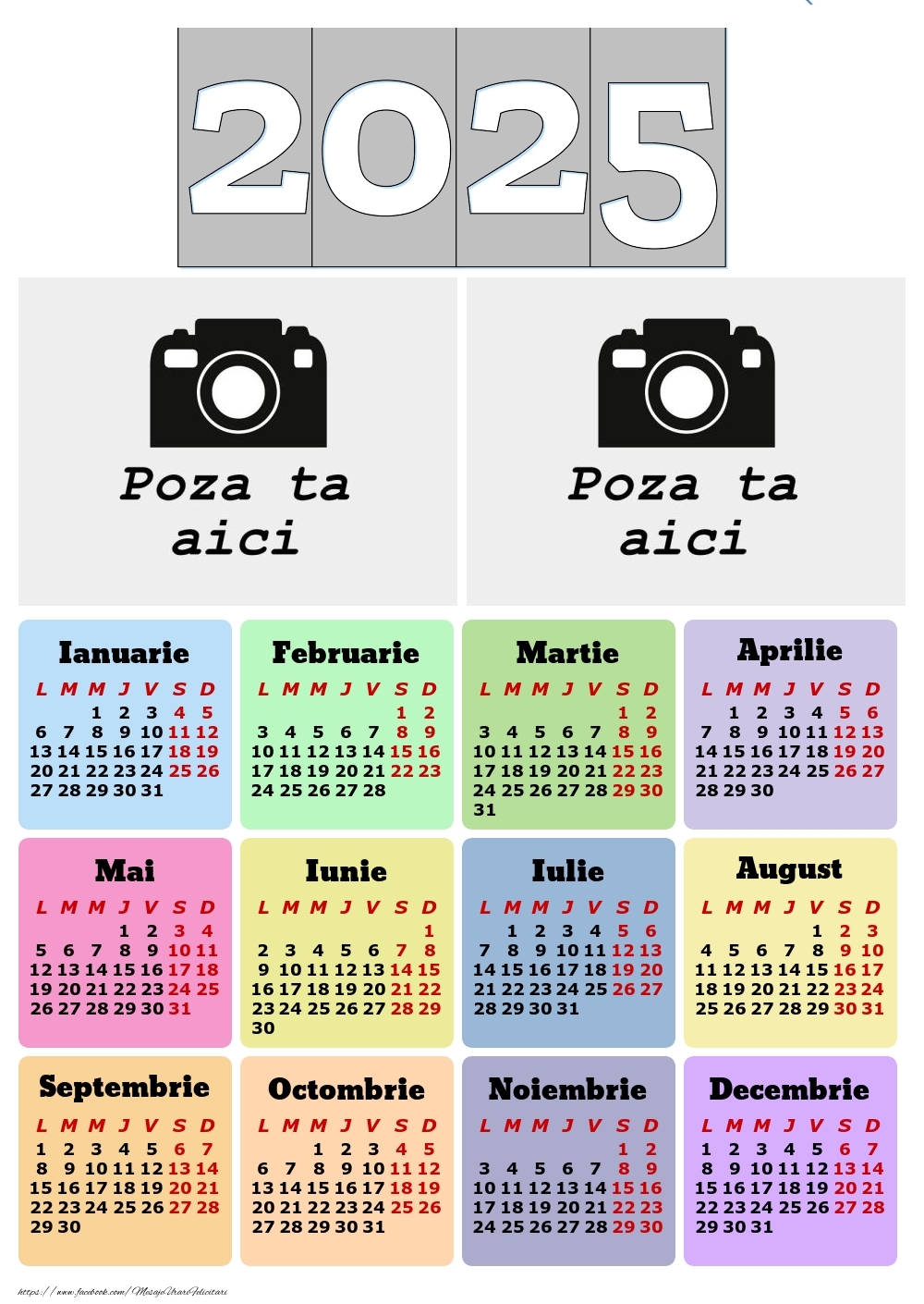 Calendar 2025 cu lunile anului colorate personalizabil cu 2 poze ...