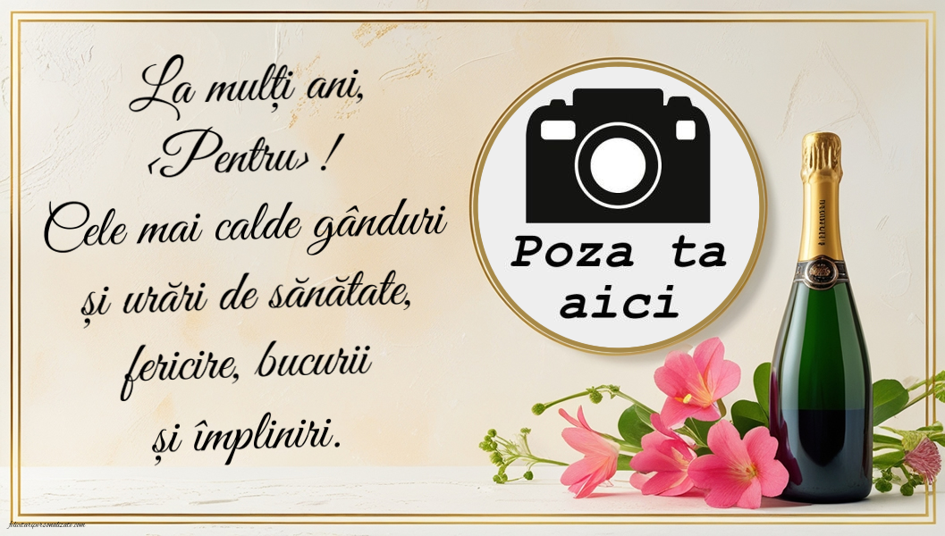 La mulți ani! - ramă foto pe fundal elegant cu șampanie și flori ...