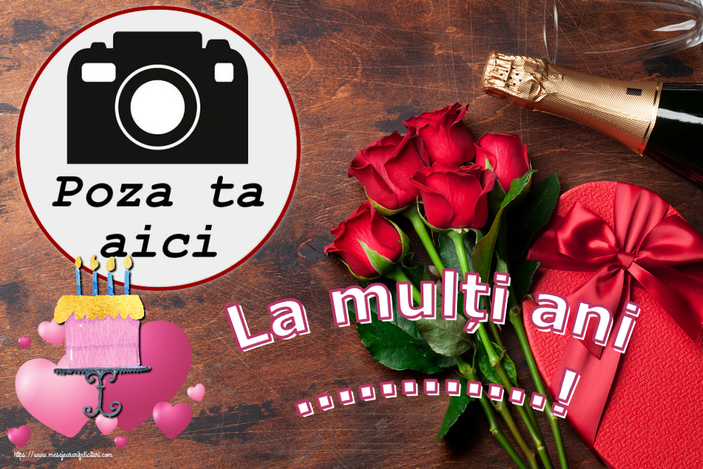 Rama foto cu șampanie, 5 trandafiri & tort cu inimioare roz ...