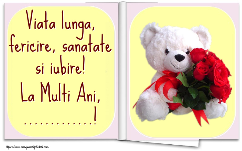 Urare de la multi ani - ursulet alb cu trandafiri rosii | Personalizare ...